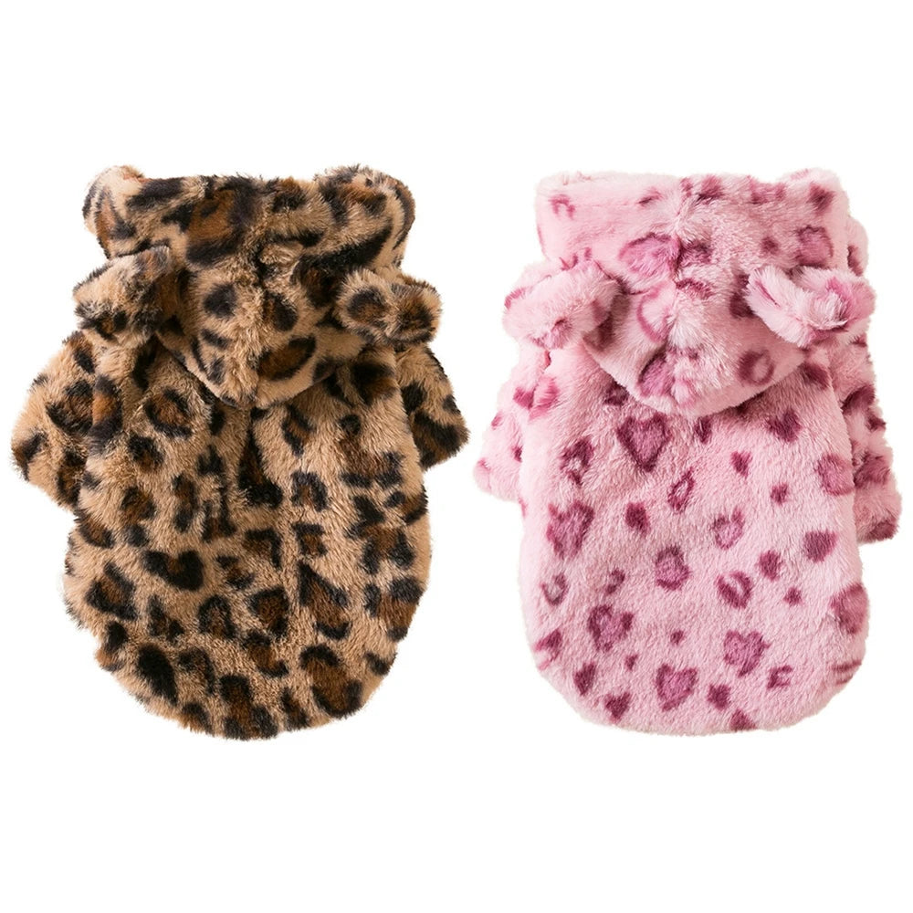 Leopard Print Fleece Dog Hoodie - Warm Winter Coat | LifeVault